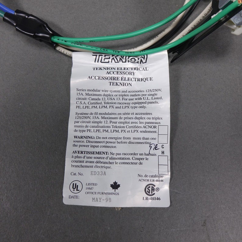 Teknion Electrical Modular Wire 1201-014 Outlet Cable Part ED33A - Etsy