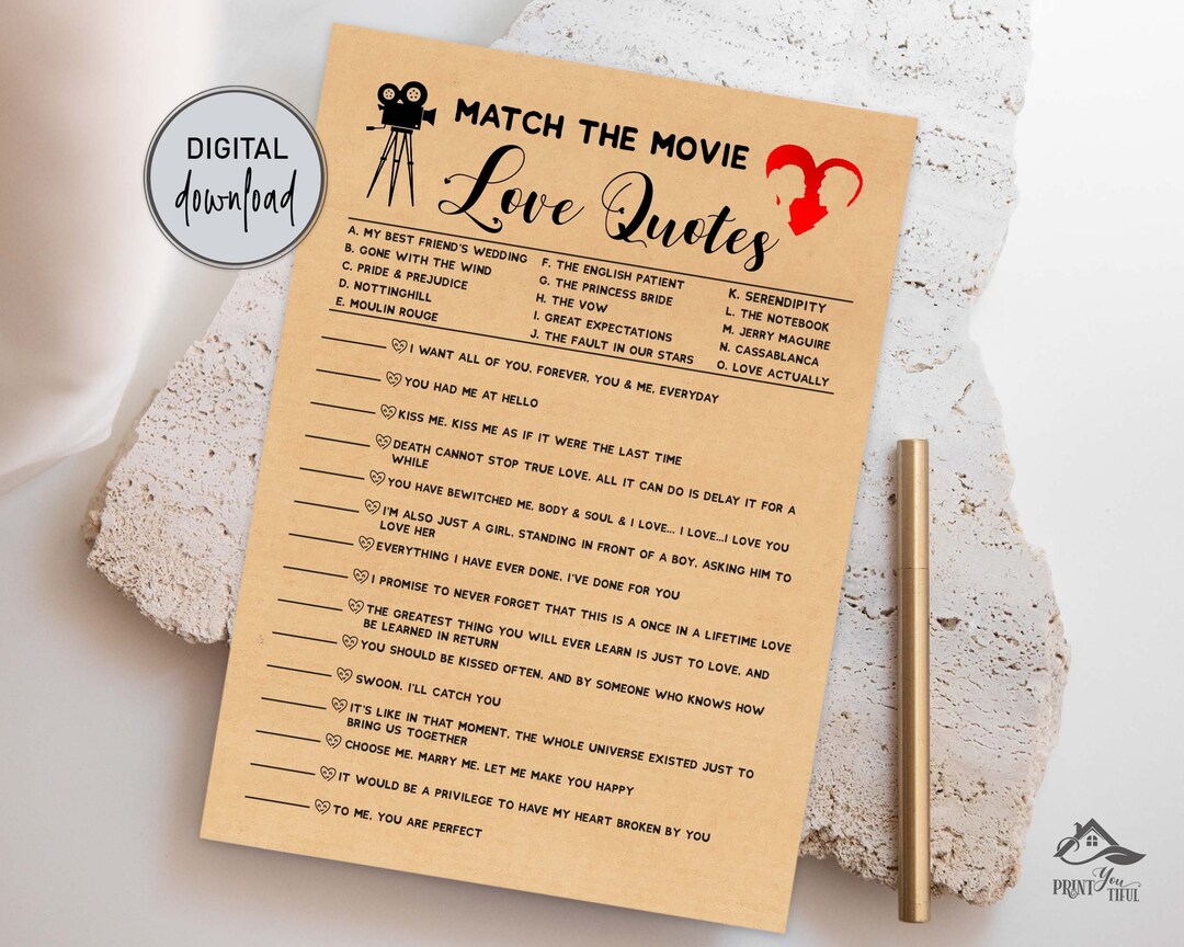 Match Movie Love Quotes, Co-ed Bridal Shower Games, Printable, Clean ...