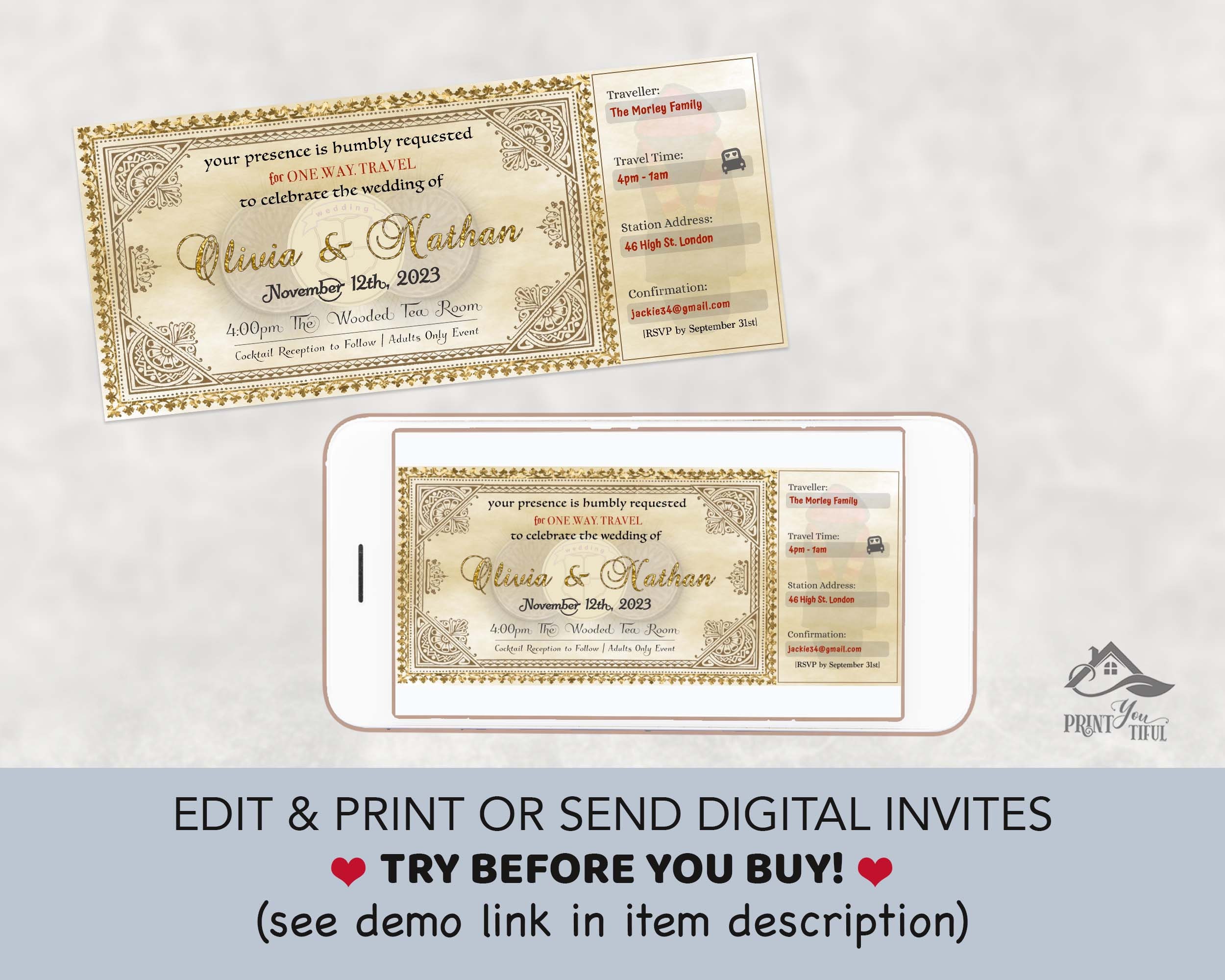 Printable Train Ticket Wedding Invitation Train Ticket Wedding