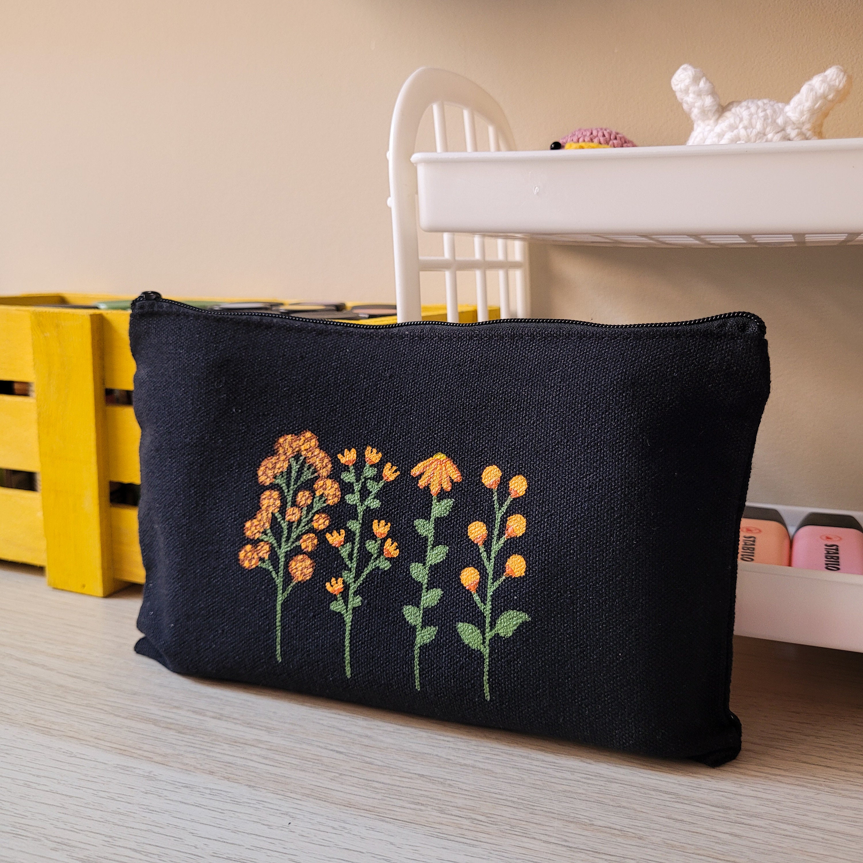Turquoise Wildflower Pencil Case, Black Cotton Pencil Case for School ...