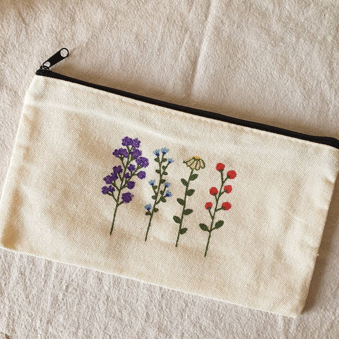 Handpainted Pencil Case, Cute Pencil Case Floral, Cotton Pencil Pouch ...
