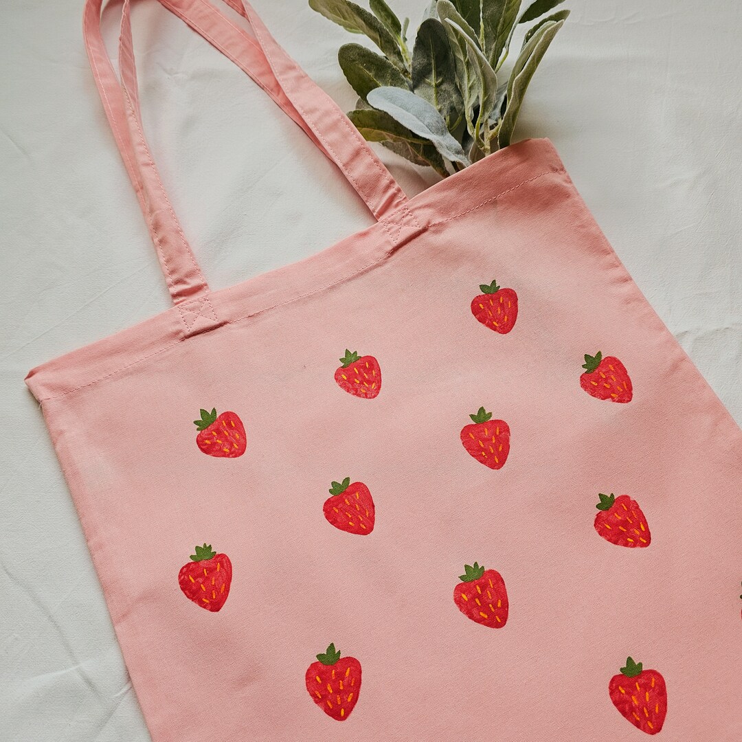 Strawberry Tote Bag Aesthetic T For Lover Handcrafted Pink Canvas