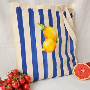 Amalfi Lemon Tote Bag, Italian Chic Canvas Tote, Blue Striped Tote ...