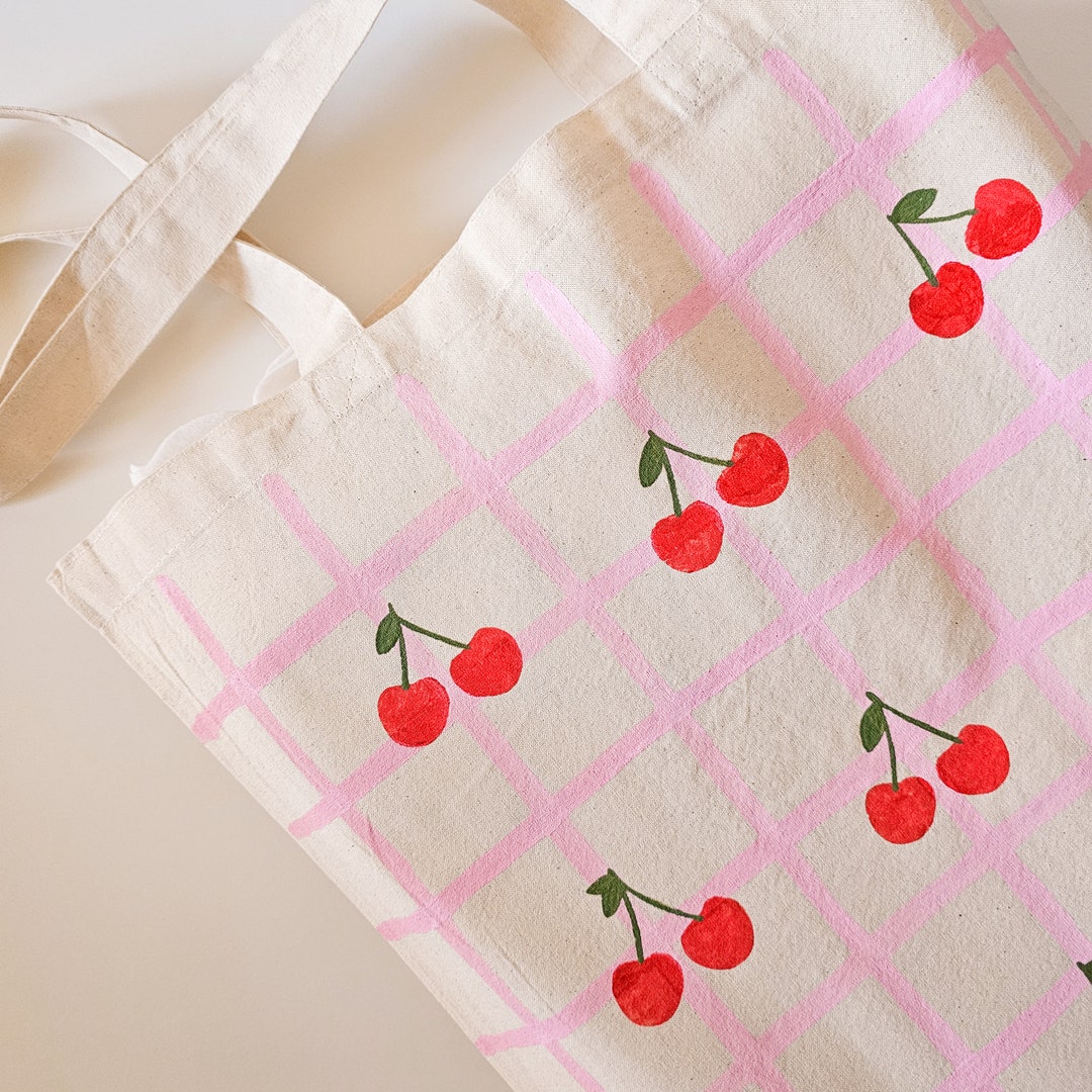 Cherry Bag, Trendy Cute Preppy Tote Bag, Aesthetic Red Cherries Canvas Tote Bag, Reusable Cotton ...