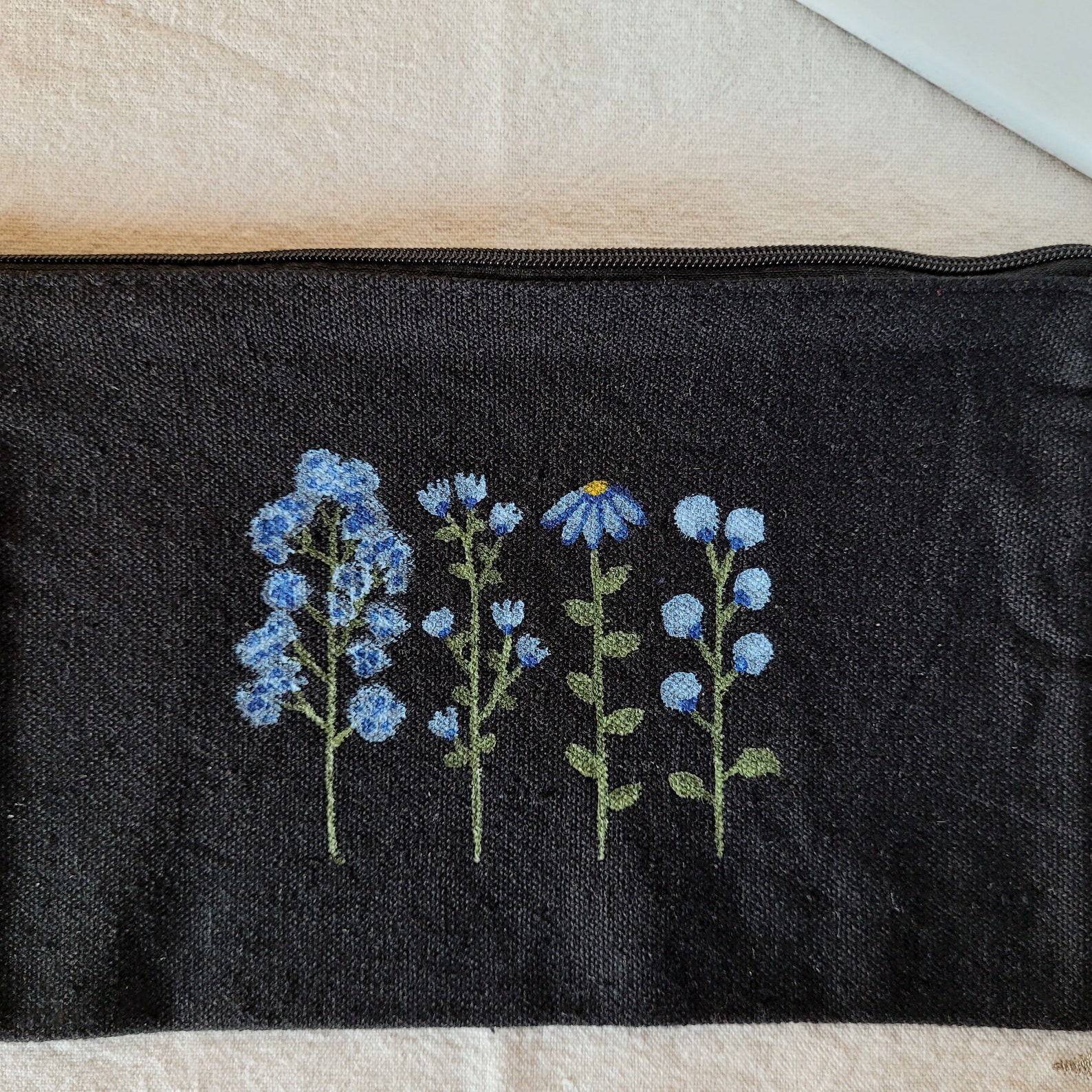 Black Pencil Case Blue Flowers Pencil Pouch Pencil Case - Etsy