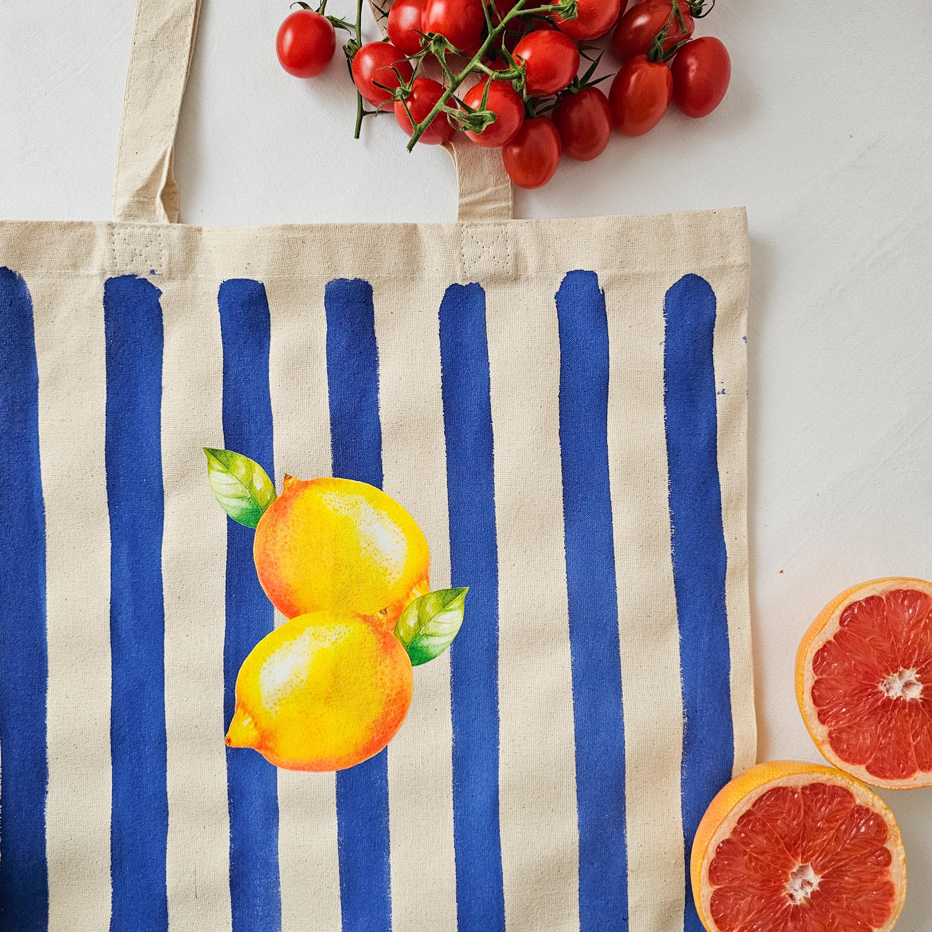 Amalfi Lemon Tote Bag, Italian Chic Canvas Tote, Blue Striped Tote ...