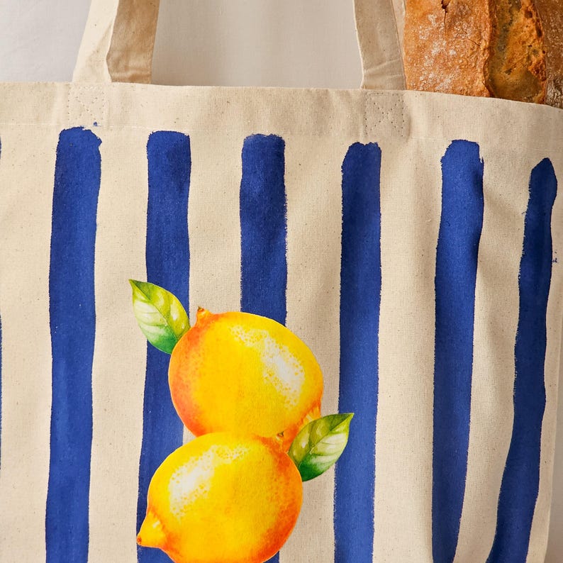 Amalfi Lemon Tote Bag, Italian Chic Canvas Tote, Blue Striped Tote ...