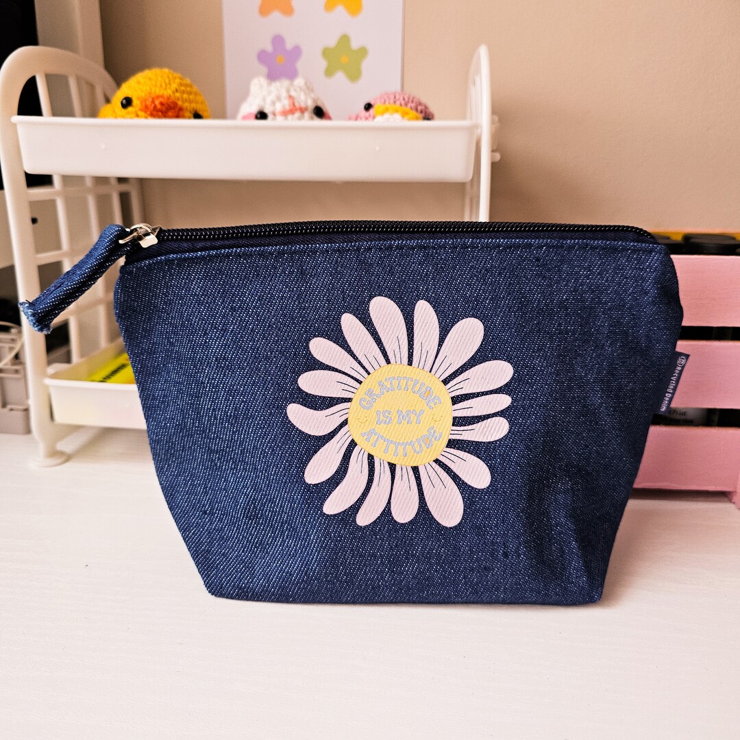 Pencil Case Cute, Denim Pencil Pouch, Retro Daisy Pencil Case, Pink ...