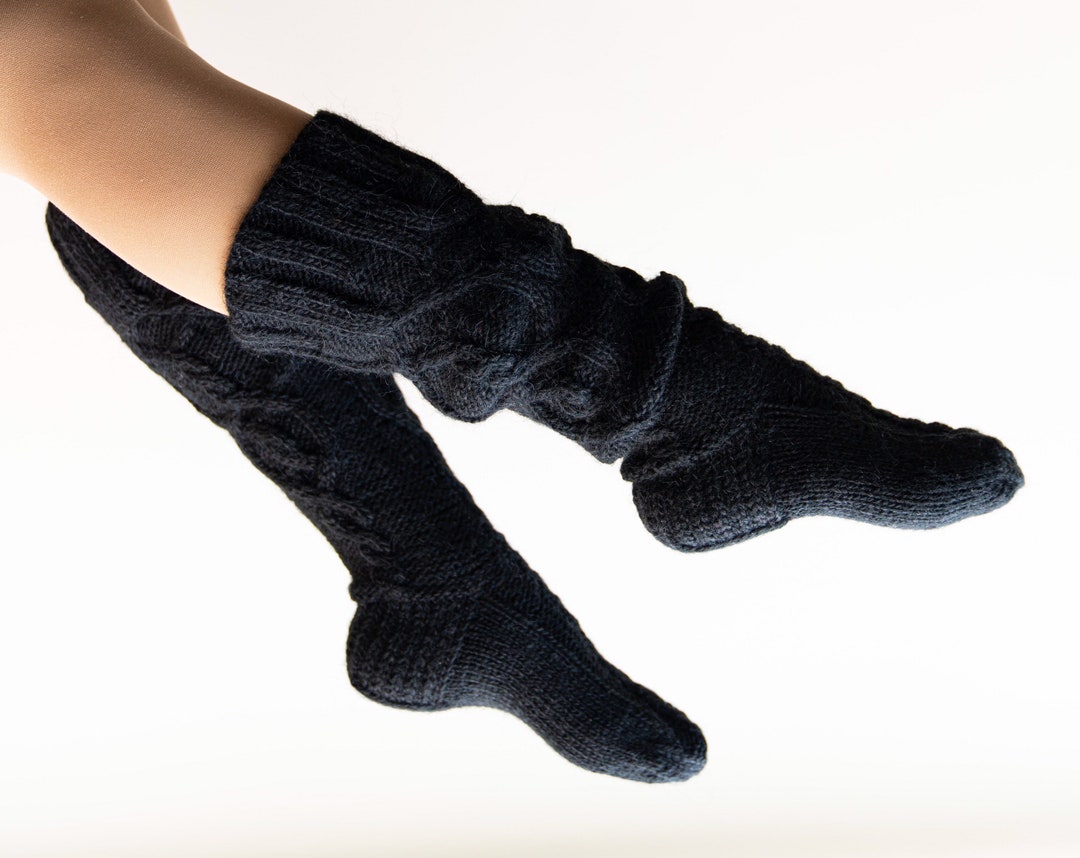 Long Black Wool Socks, Black Socks With Ornament, Knit Black Socks ...