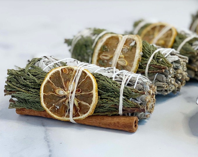 White Sage & Cedar Smudge Stick Bundle With Cinnamon and Orange Cedar ...