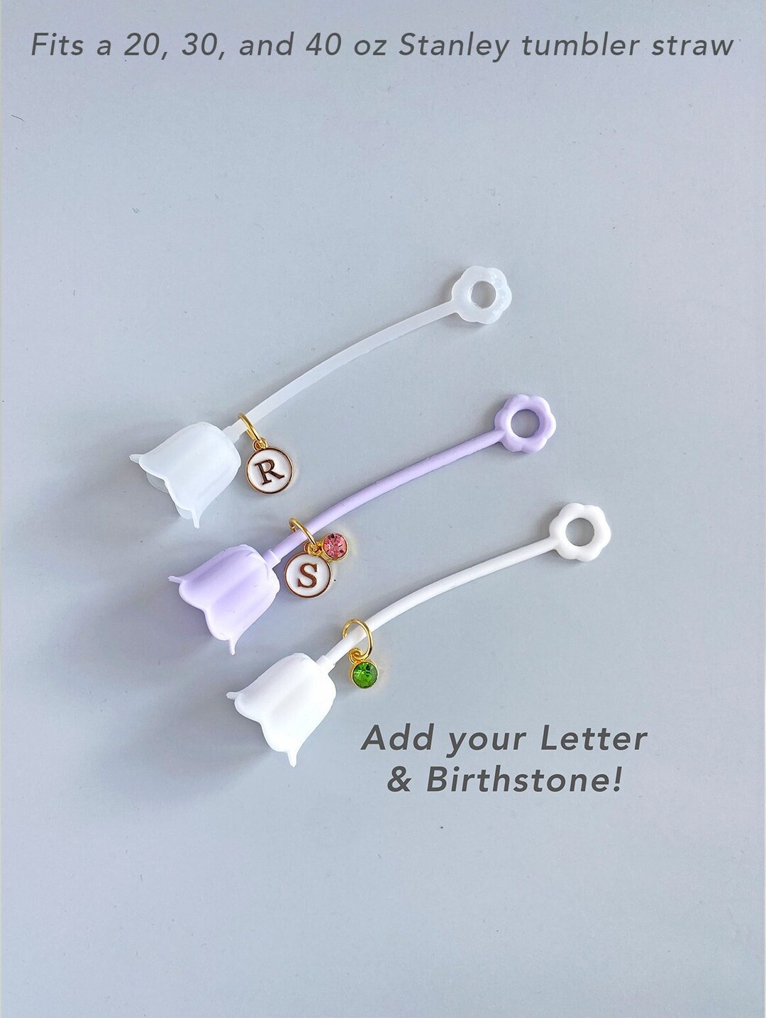 Flower Straw Topper With Letter and Birthstone Charm Cup Accessories ...