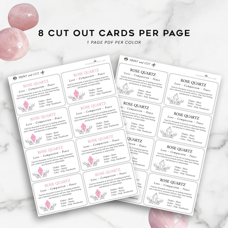Rose Quartz Printable Cards PDF Instant Download Quartz Crystal Healing ...