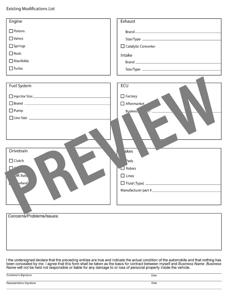 Customizable Customer Vehicle Intake Form • Digital Download Page 2 - Etsy