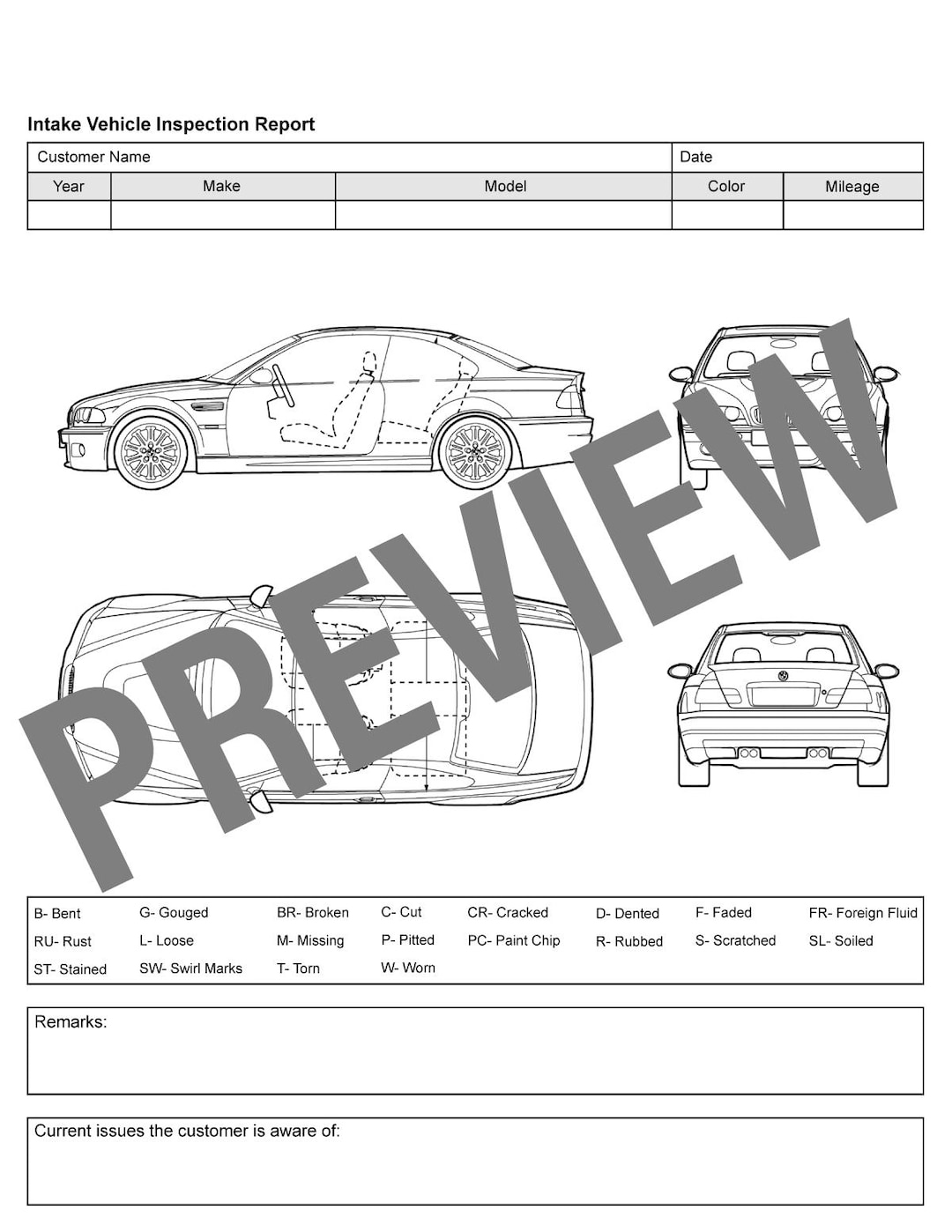 Customizable Customer Vehicle Intake Form for CARS • Digital Download ...