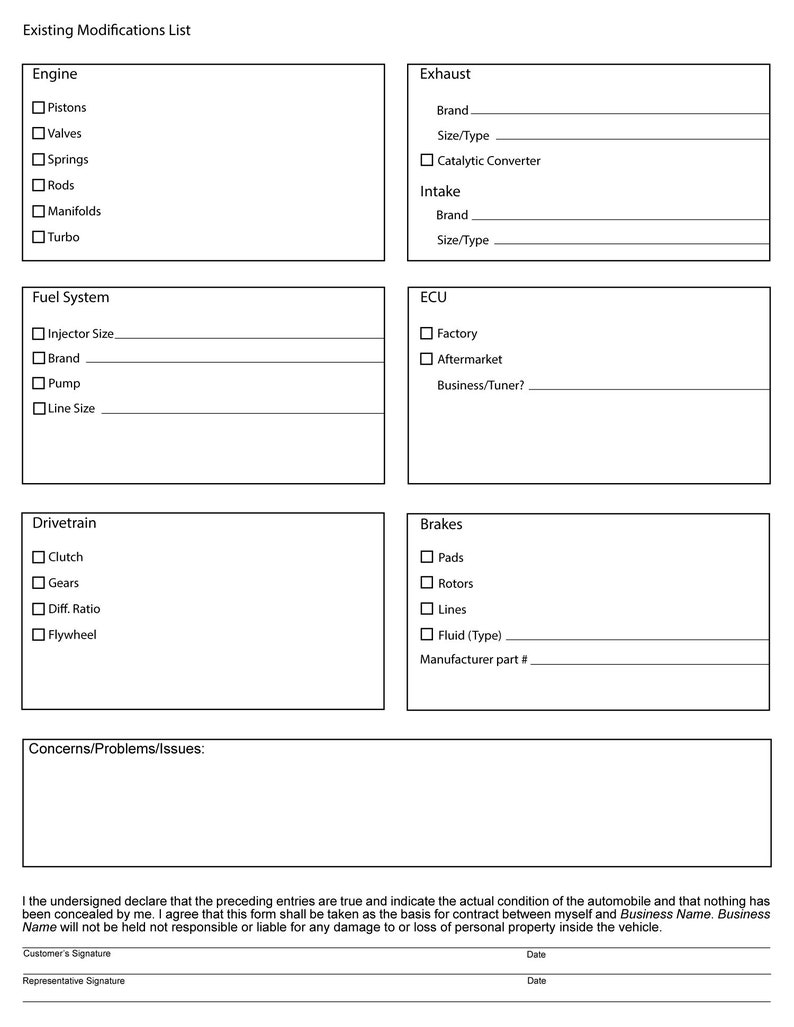 Customizable Customer Vehicle Intake Form page 2 Digital - Etsy