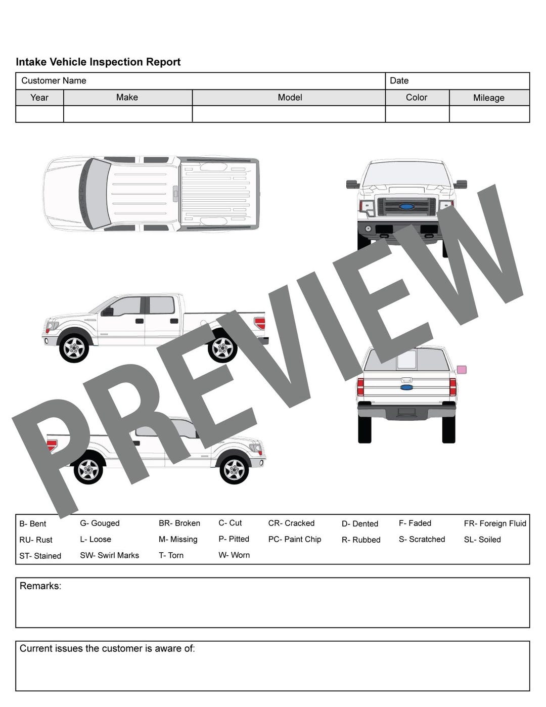 Customizable Customer Vehicle Intake Form for TRUCKS • Digital Download ...