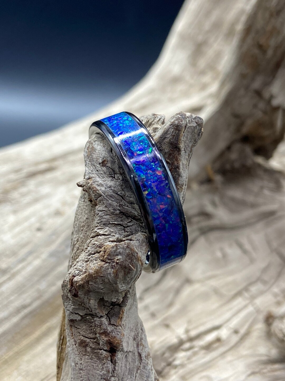Handmade Inlay Ring, Starry Night Opal, Black Ceramic Band, Womens Ring ...