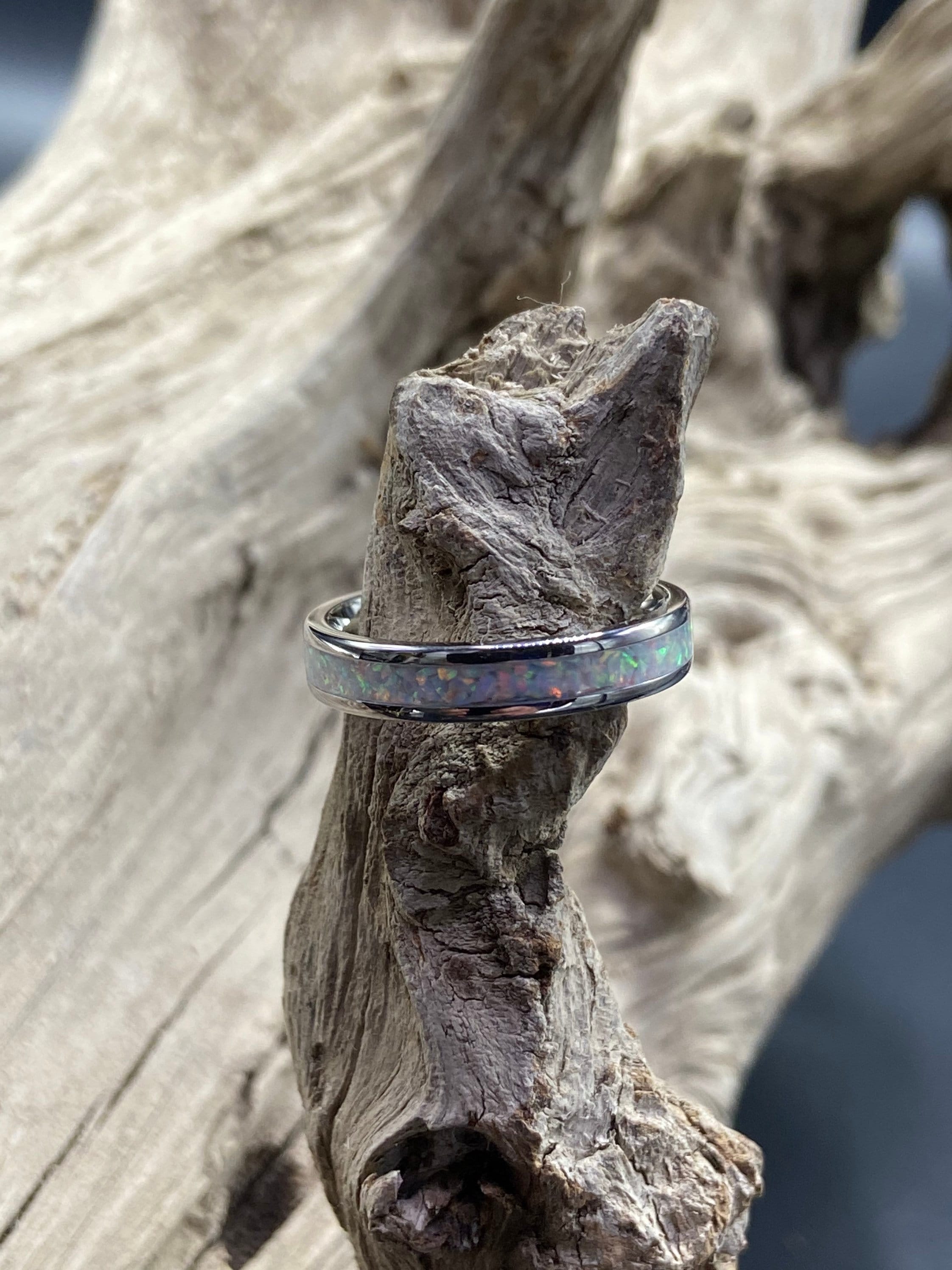 Handmade Opal Inlay Ring Fire and Snow Opal Stainless Steel - Etsy
