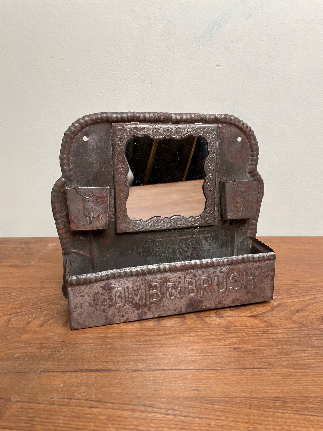 Antique Victorian Tin Brush & Comb / Match Holder With Mirror - Etsy