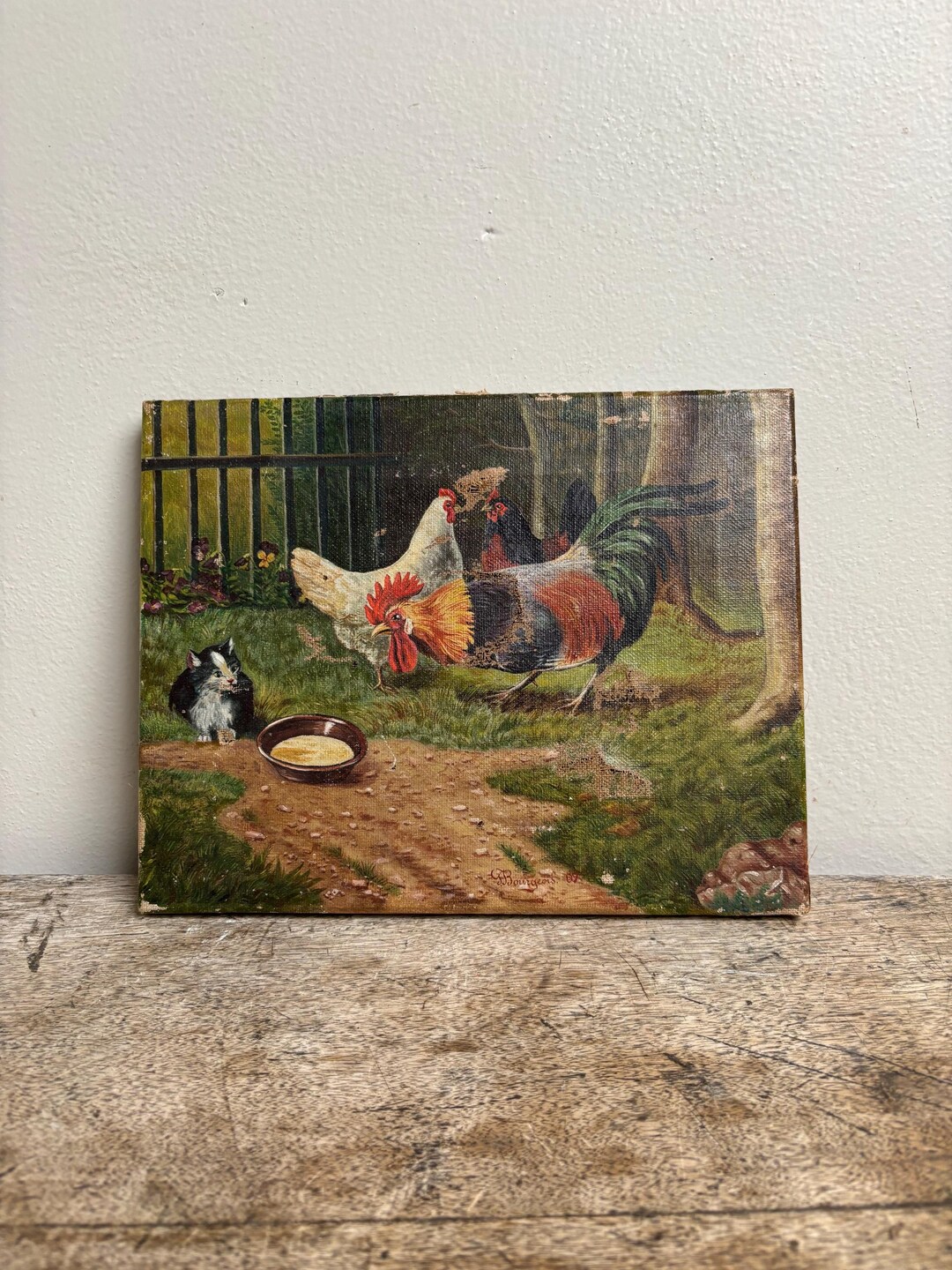 Antique French Still Life With Chickens and Kitten Oil Painting - Etsy
