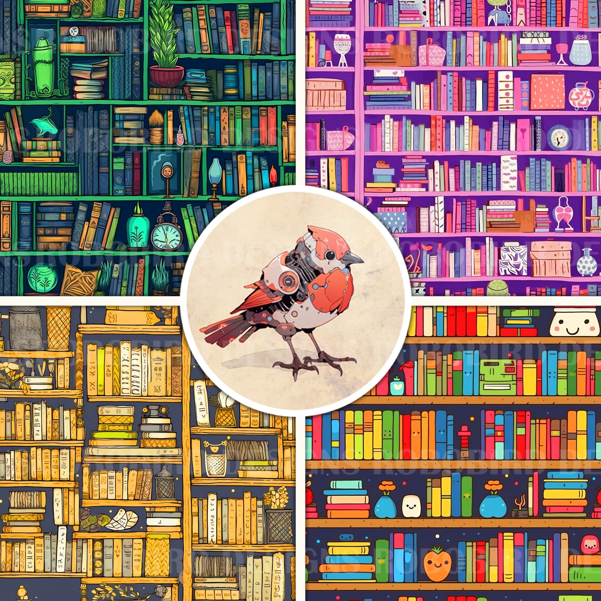 COLORFUL BOOKCASES, 12 Digital Printable Papers, Seamless, 12x12 Inches ...