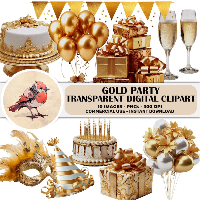 GOLD PARTY Clipart Transparent Birthday Watercolor Clipart Transparent ...
