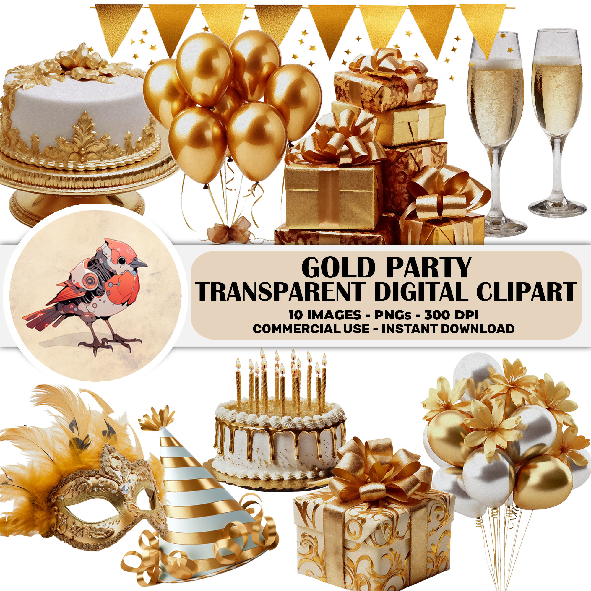 GOLD PARTY Clipart Transparent Birthday Watercolor Clipart Transparent ...