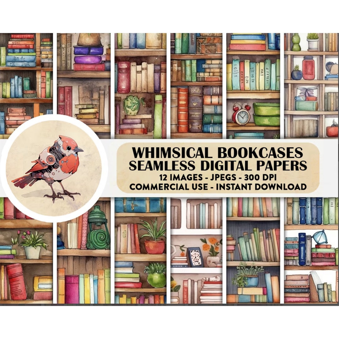 WHIMSICAL BOOKCASES, 12 Digital Printable Papers, Seamless, 12x12 ...