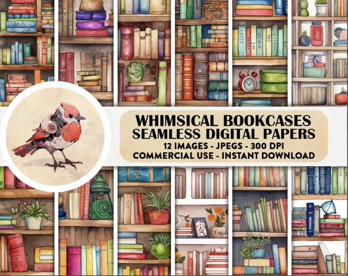 WHIMSICAL BOOKCASES, 12 Digital Printable Papers, Seamless, 12x12 ...