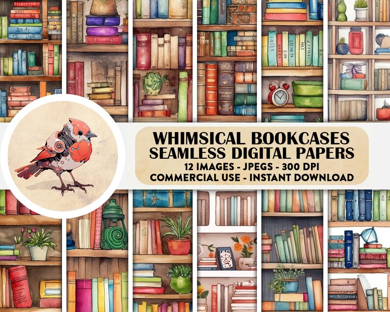 WHIMSICAL BOOKCASES 12 Digital Printable Papers Seamless - Etsy