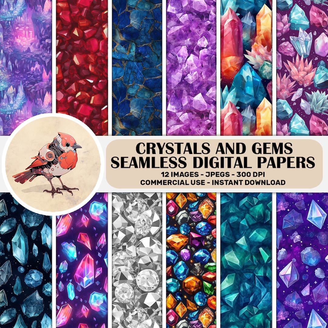 CRYSTALS & GEMS, 12 Digital Printable Papers, Seamless, 12x12 Inches ...