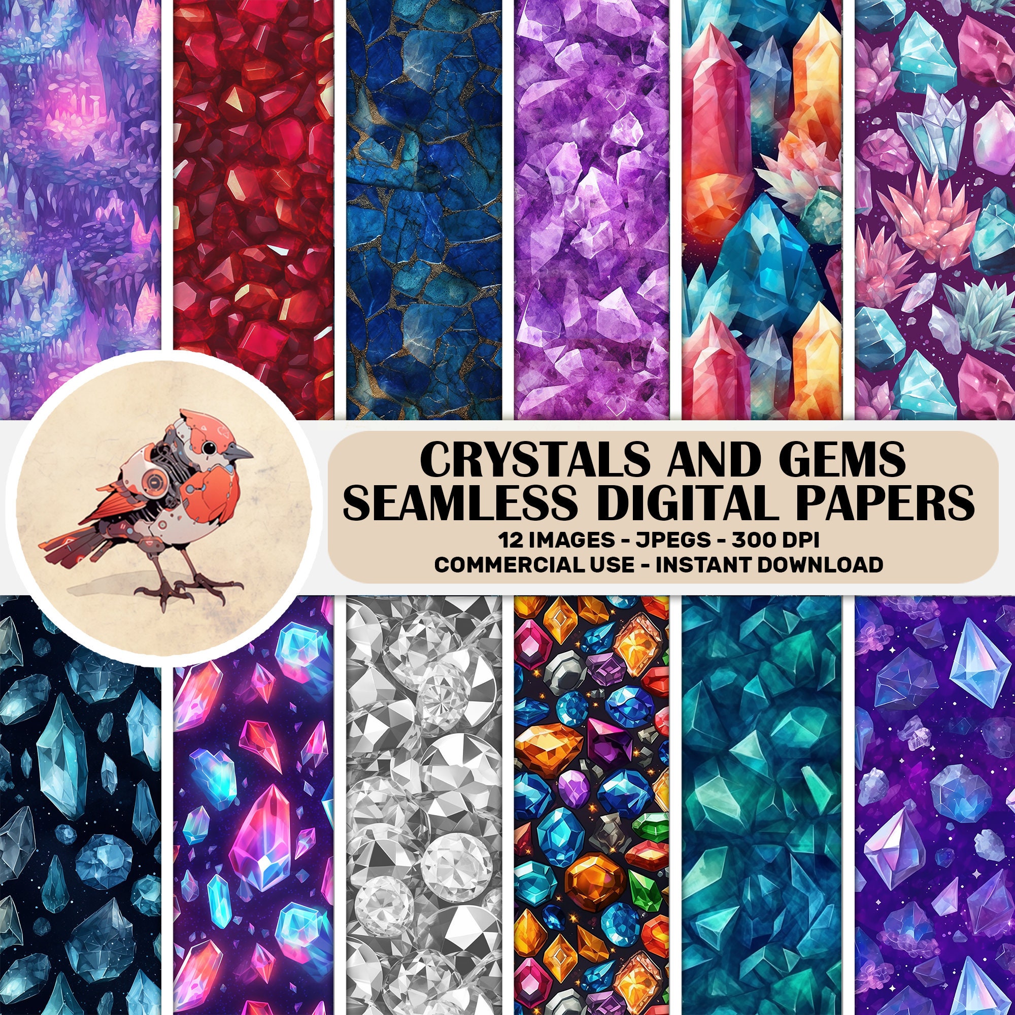 CRYSTALS & GEMS, 12 Digital Printable Papers, Seamless, 12x12 Inches ...
