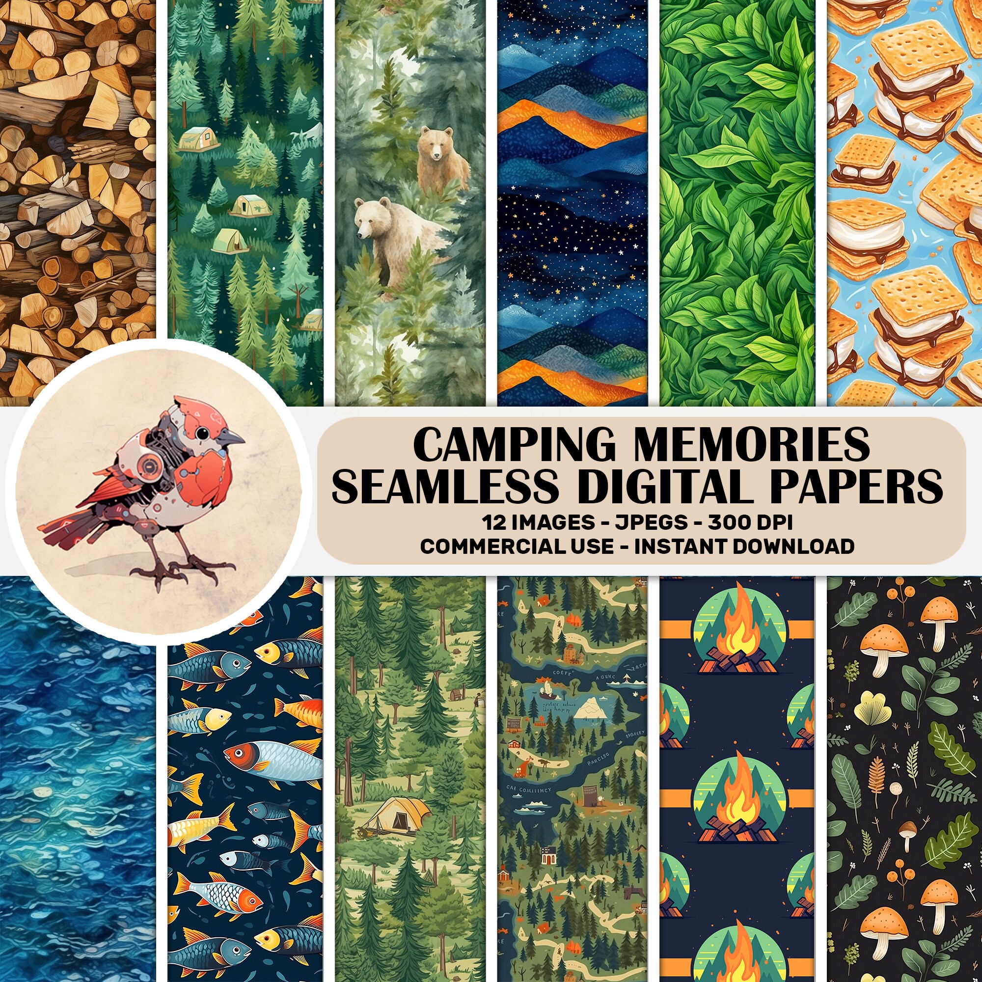 CAMPING MEMORIES, 12 Digital Printable Papers, Seamless, 12x12 Inches ...