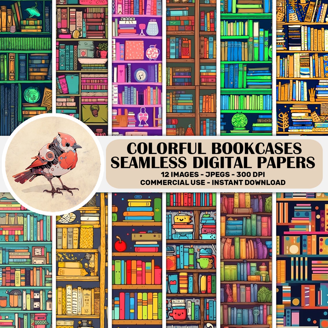 COLORFUL BOOKCASES, 12 Digital Printable Papers, Seamless, 12x12 Inches ...