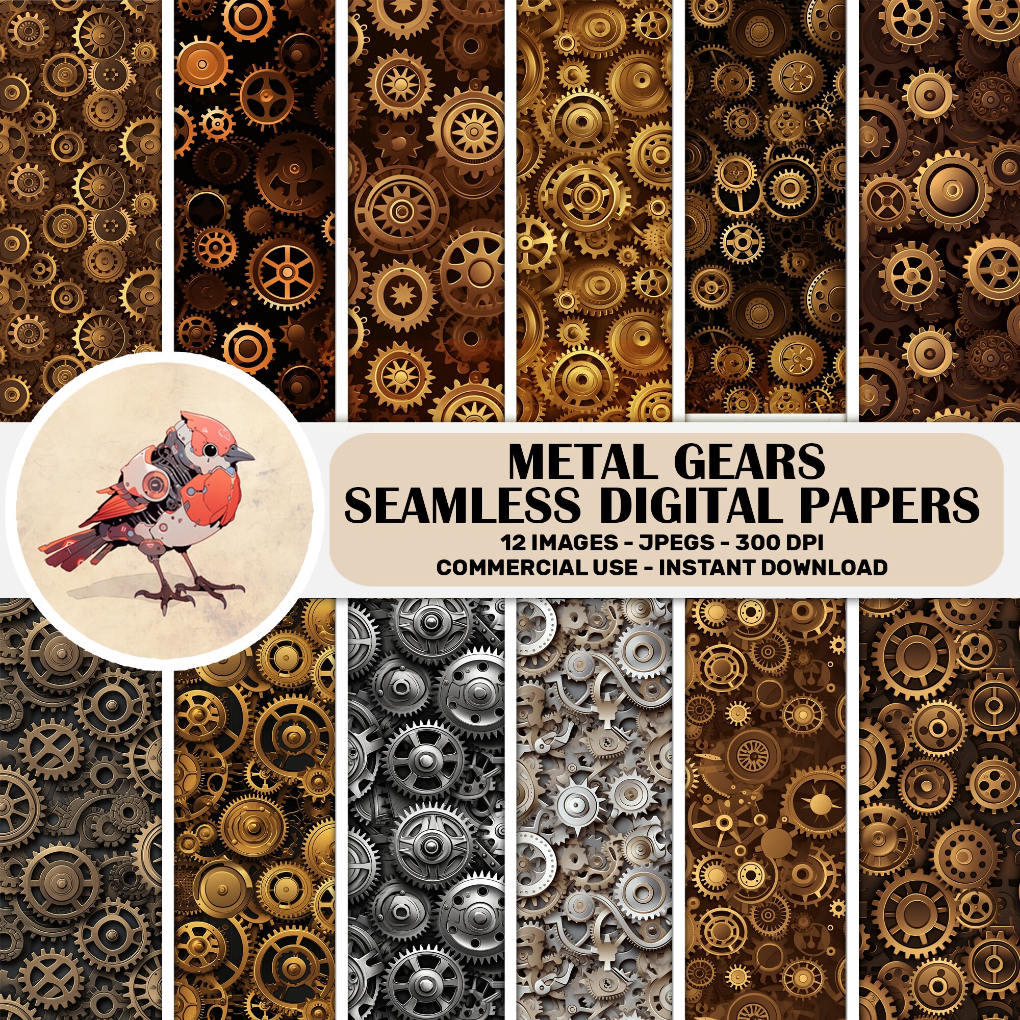 METAL GEARS, 12 Digital Printable Papers, Seamless, 12x12 Inches ...