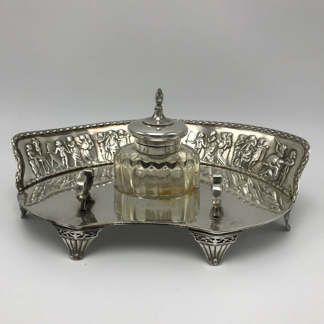 WILLIAM COMYNS 1904 Repousse Scholar Sterling Silver Ink Bottle Pen ...