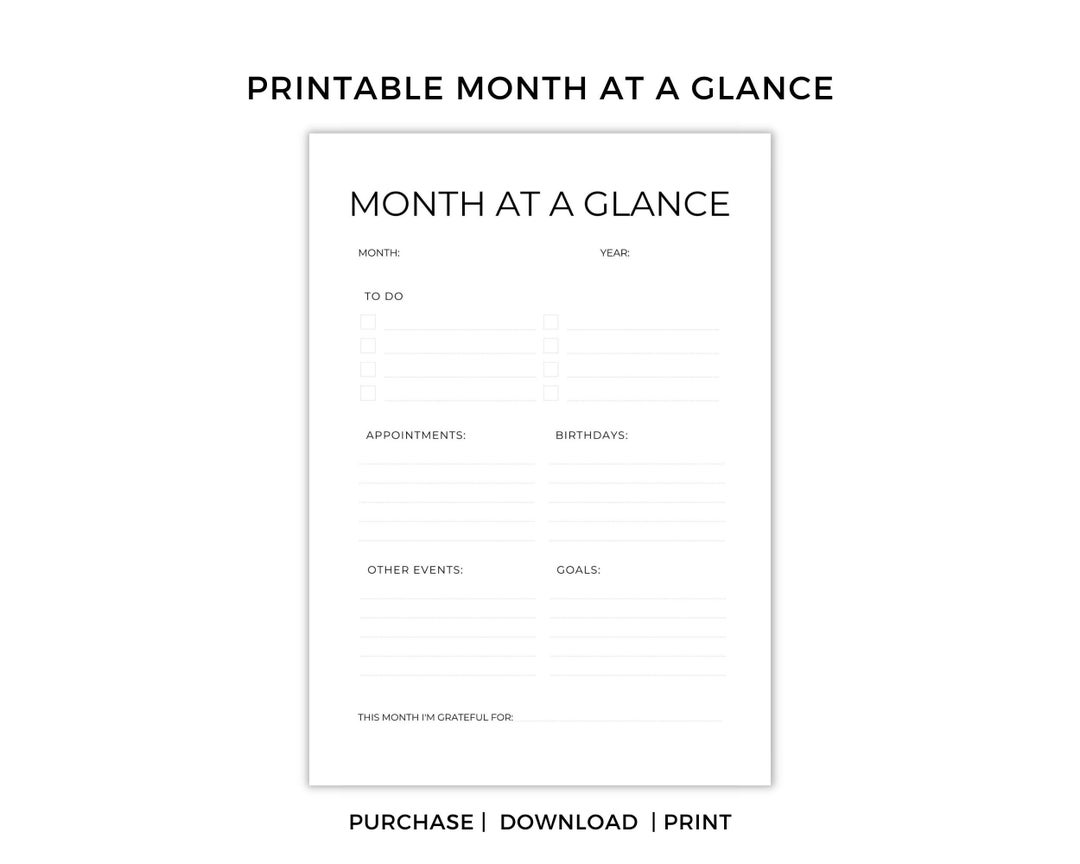 PRINTABLE Month at a Glance Calendar Monthly Calendar Month Journal ...