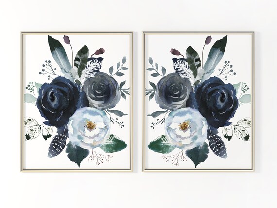 Navy Floral Wall Art Printable Floral Nursery Boho Print | Etsy
