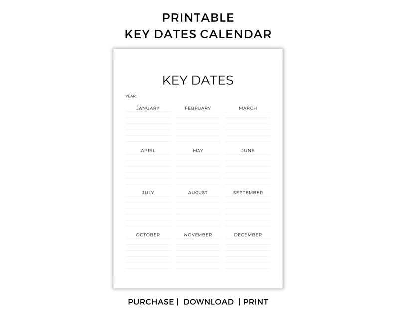 PRINTABLE Key Dates Printable Year Calendar Minimalistic Calendar ...