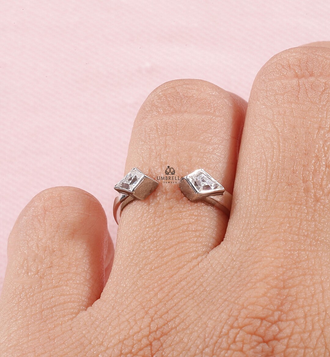 Bezel Set Kite Cut Moissanite Wedding Band, Open Cuff Adjustable Ring ...