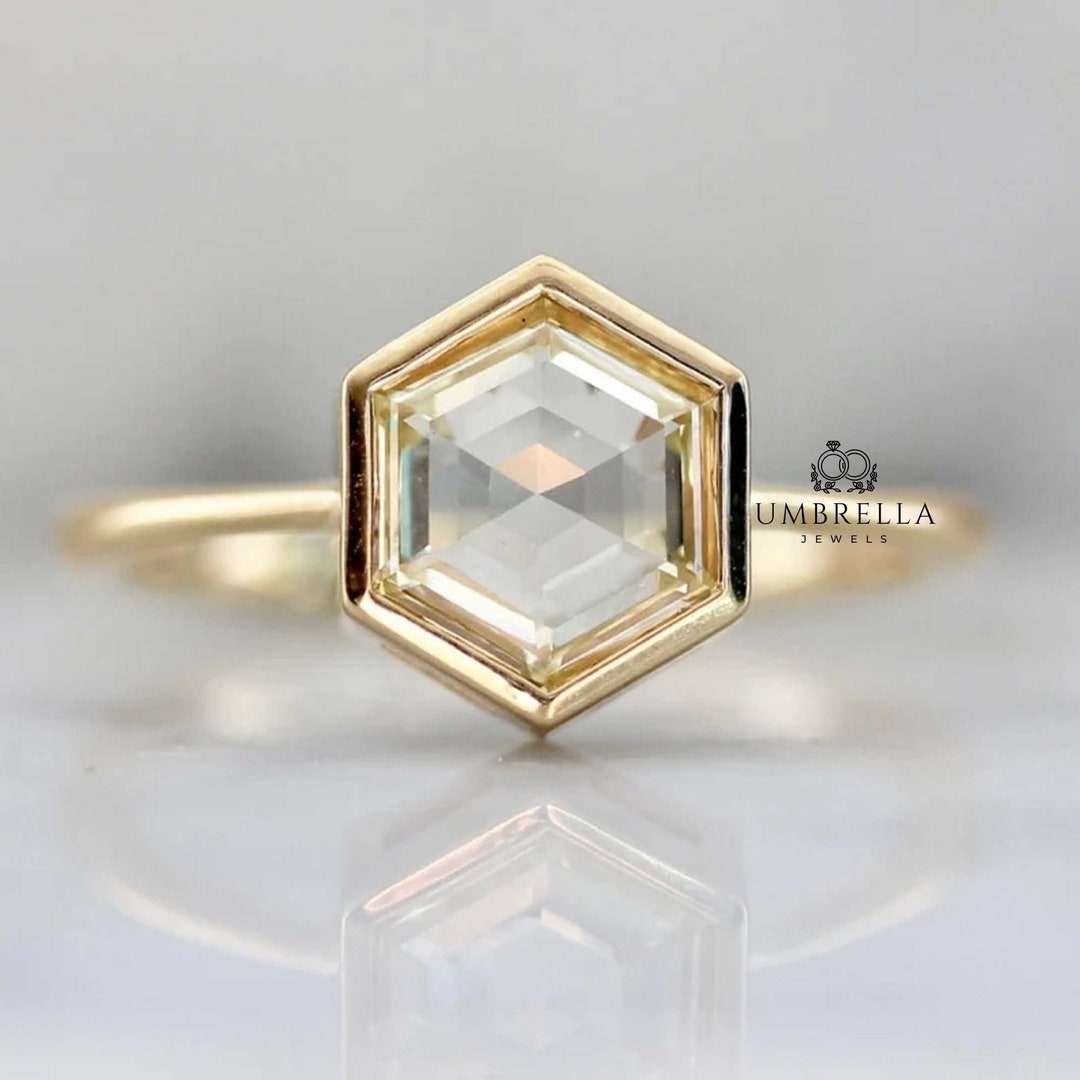 2.50 CT Hexagon Step Cut Moissanite Engagement Ring, Yellow Gold Bezel ...