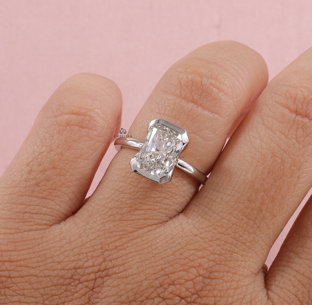 Half Bezel Set Radiant Cut Diamond Engagement Ring, Stackable Ring ...