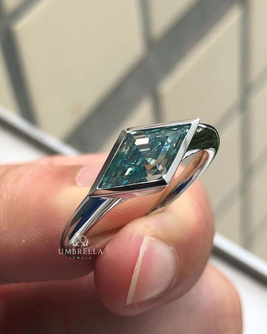 East West Greenish Blue Lozenge Cut Moissanite Engagement Ring, Bezel ...