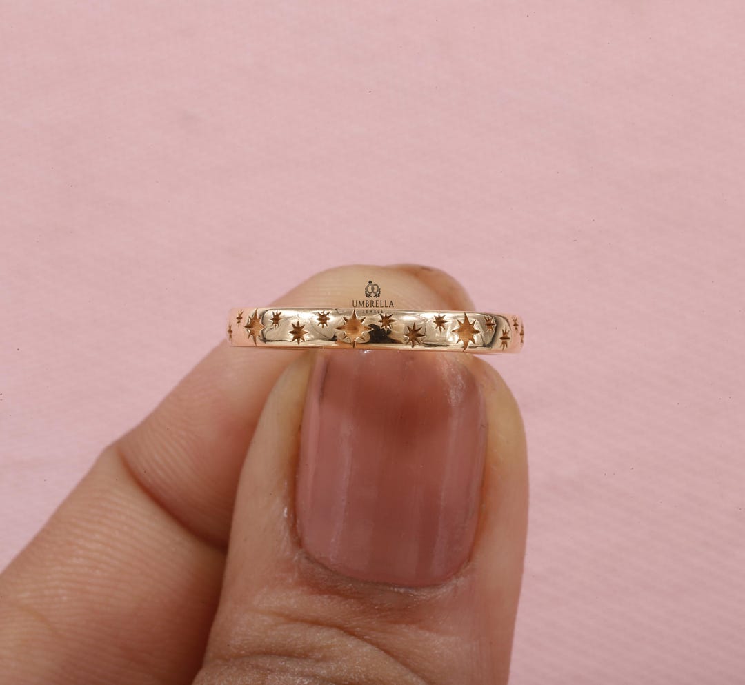 Star Engraved Wedding Band, Starburst Band, Celestial Wedding Band ...