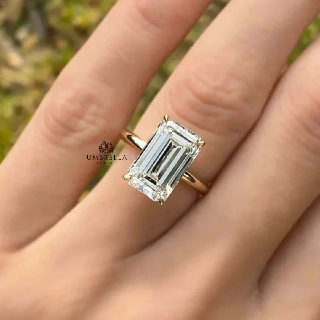 5 CT Emerald Cut Diamond 14K Solid Gold Solitaire Engagement Ring Bride ...