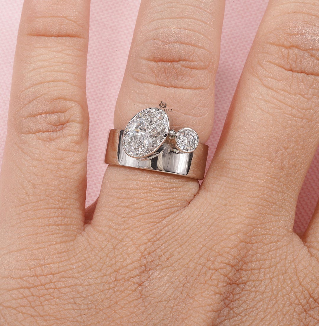 Bezel Set Wide Wedding Band Oval and Round Cut Engagement Ring for ...