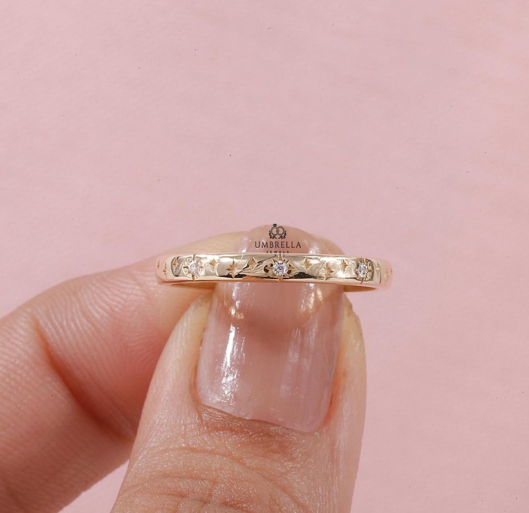 Diamond Starburst Wedding Band, Vintage Star Band, 14K Yellow Gold Band ...