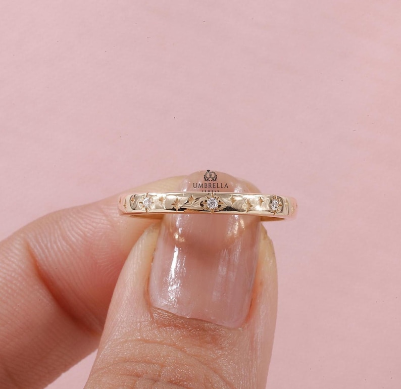 Diamond Starburst Wedding Band, Vintage Star Band, 14K Yellow Gold Band ...