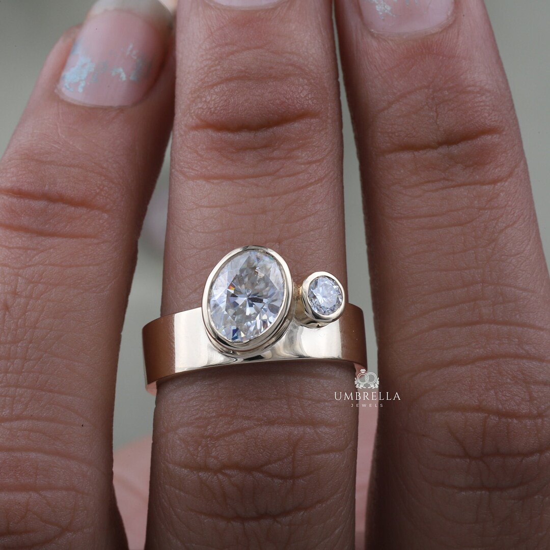 Wide Band Oval and Round Cut Engagement Ring for Women Bezel Set ...