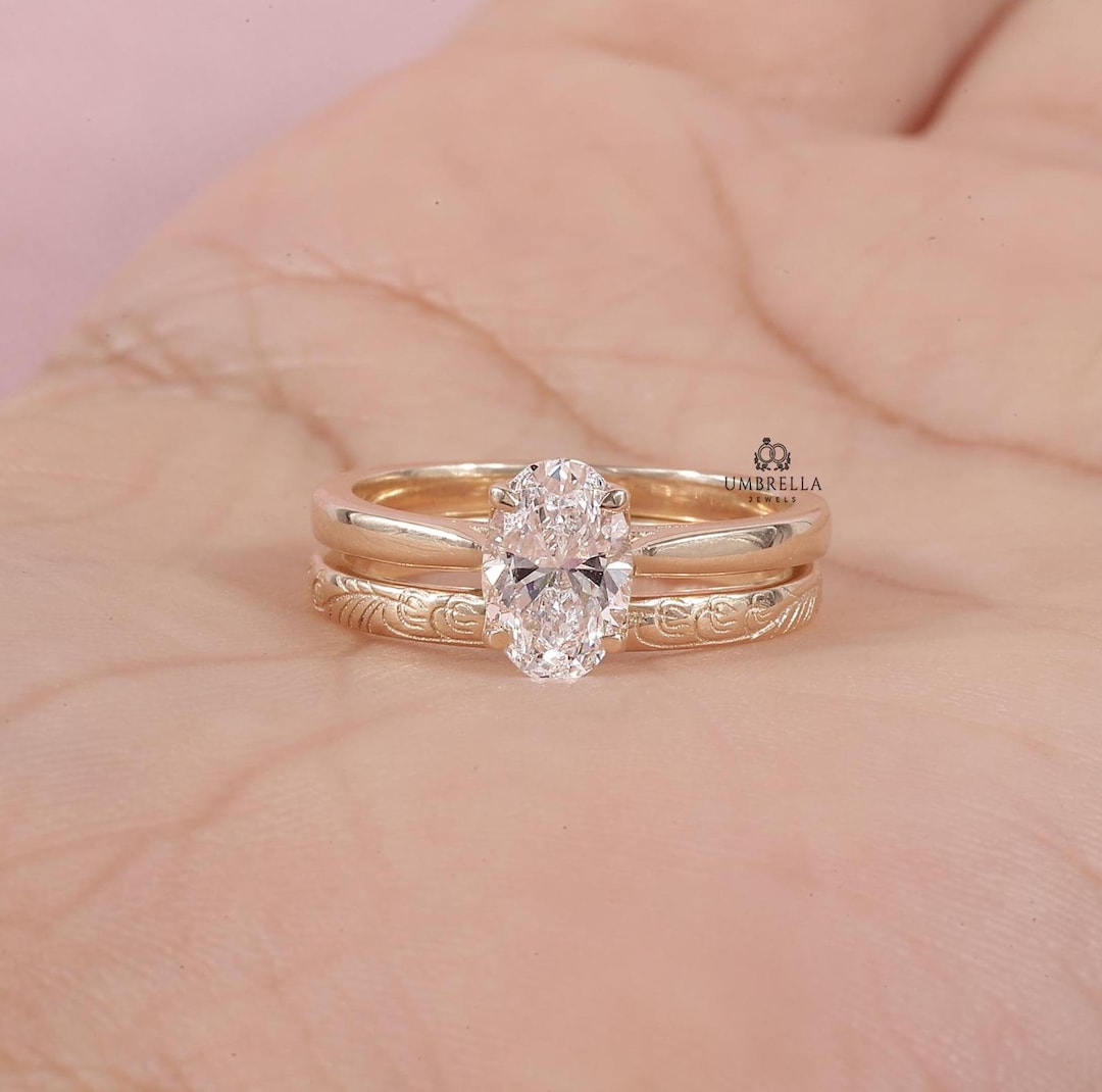 14K Solid Gold Ring Set, Oval Engagement Ring Set, 5x8mm Delicate Oval ...